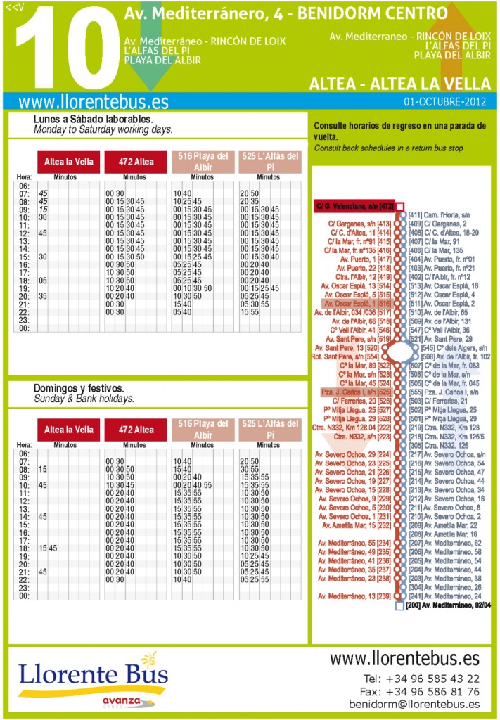 Benidorm Llorente bus lijn 10 | Openbaar Vervoer in Benidorm